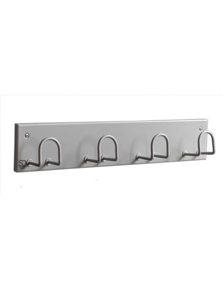 Wall-mounted rack with 4 hooks. Silver colour